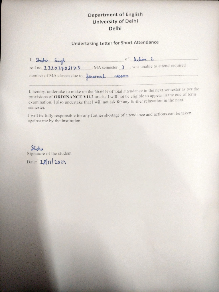 Undertaking for Short Attendance | PDF