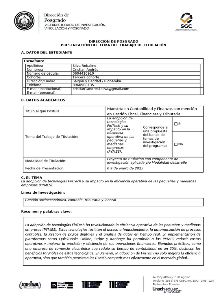 Formato E2.1. - Presentación Del Tema Del Trabajo de Titulación | PDF | Pequeñas y medianas ...