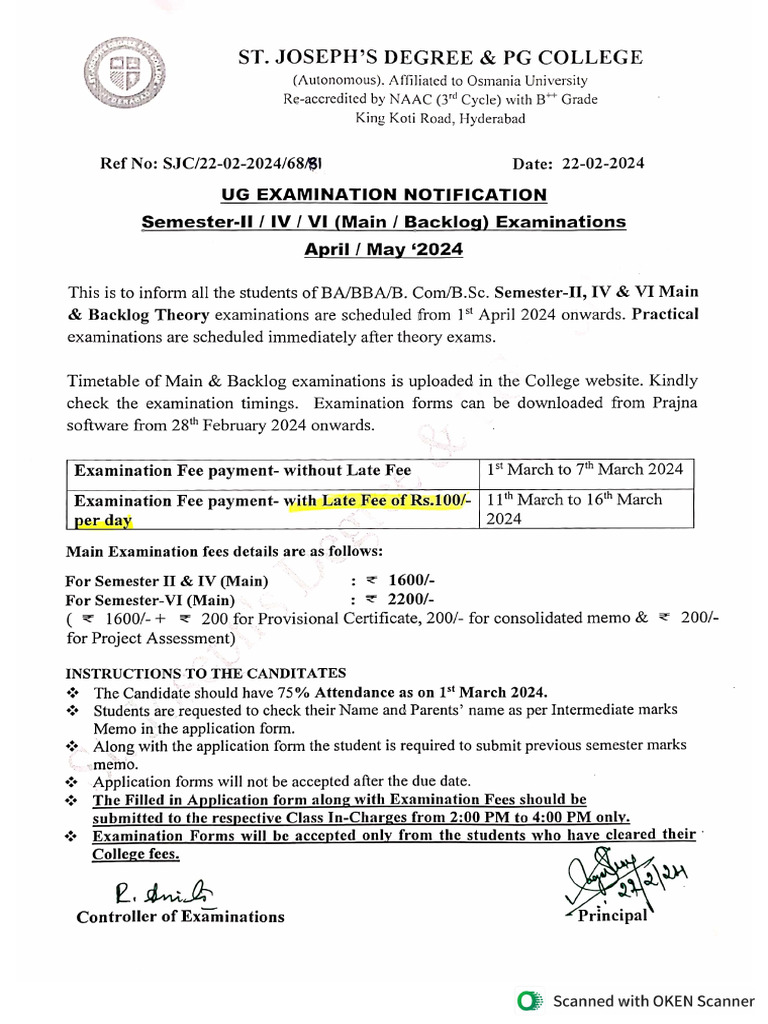 UG Examinations Notification Semester II IV VI Main Backlog ...