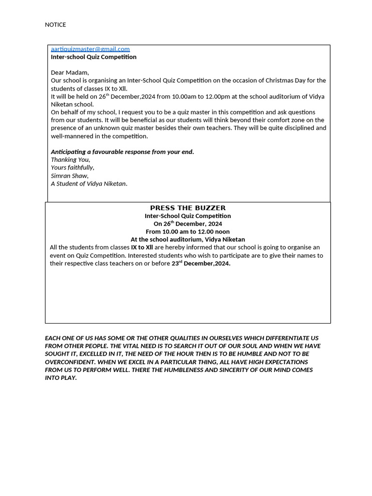 Inter-School Quiz Competition Notice | PDF
