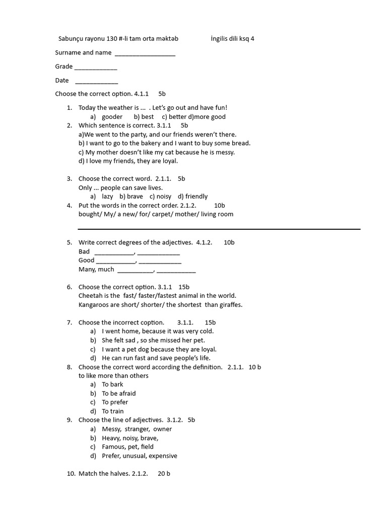 English Language Test for Grade 4 | PDF