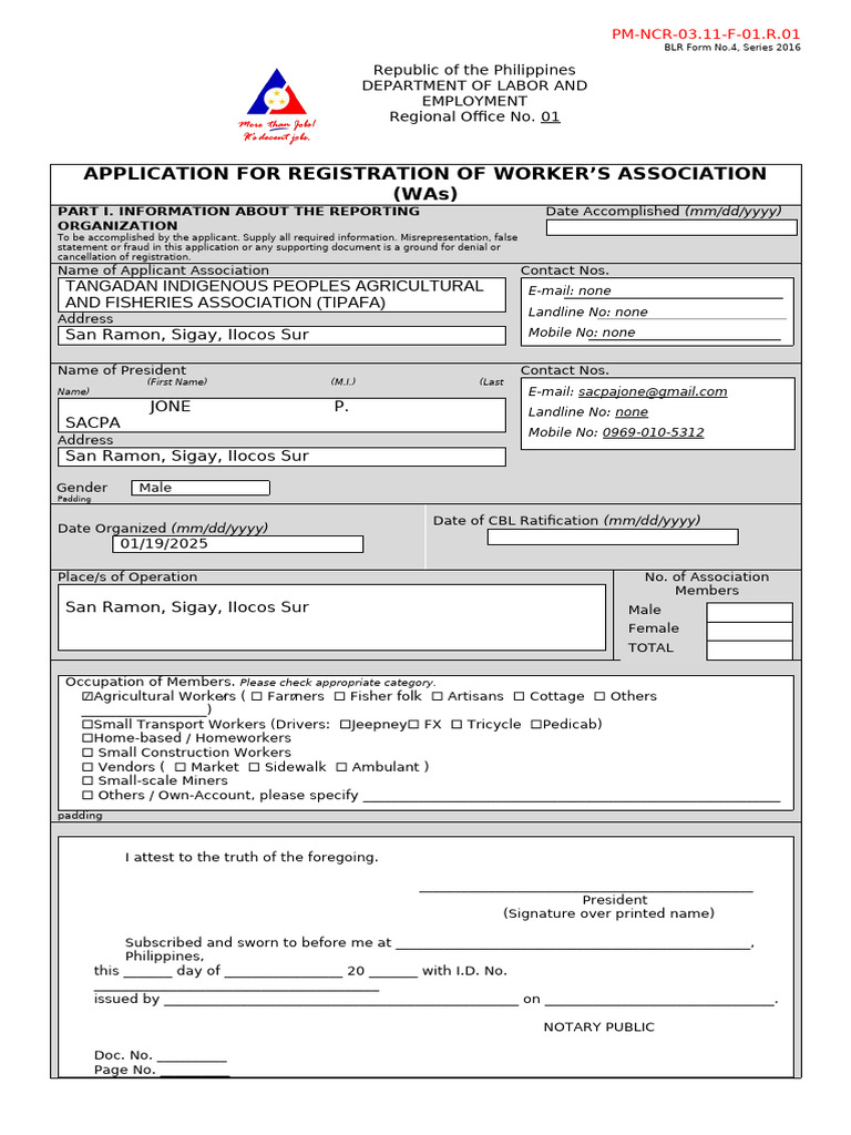 Application for Worker’s Association Registration | PDF | Ratification ...