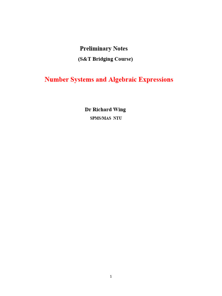 Preliminary Notes - Number Systems and Algebraic Expressions For NTU ...
