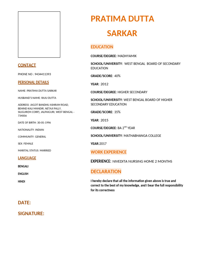 Pratima Dutta Sarkar Resume | PDF