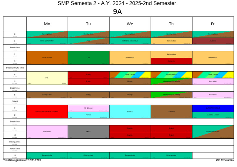 Schedule SMP Semesta 2-A.Y. 2024-2025-2nd Semester - January 13th 2025 (9A) | PDF