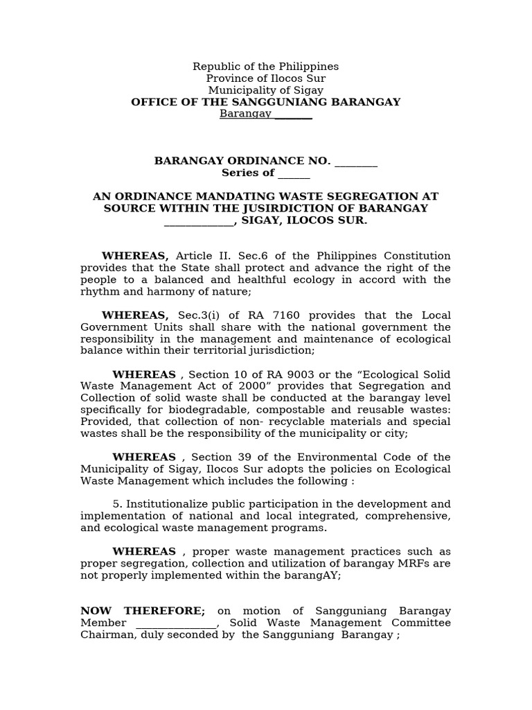 Brgy. Ordinance On SEGREGATION AT SOURCE | PDF | Waste Management | Waste