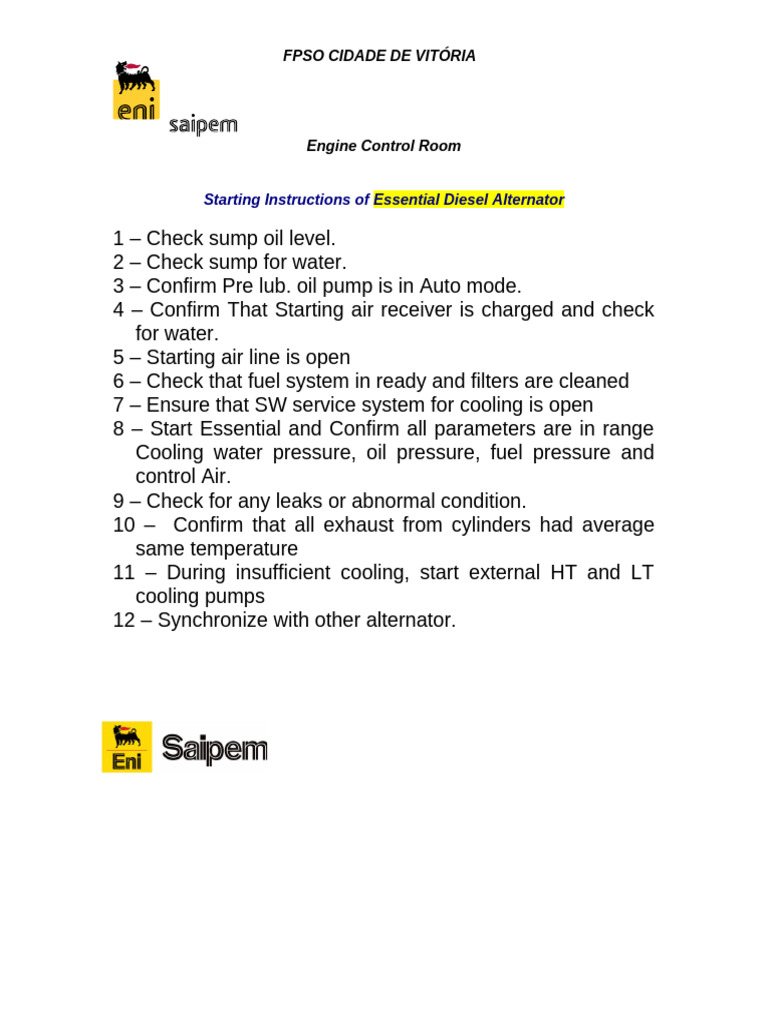 Instructions for starting Essential Diesel Generator | PDF