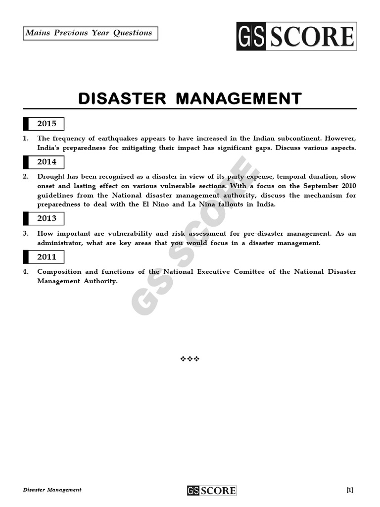 DISASTER MANAGEMENT Questions | PDF