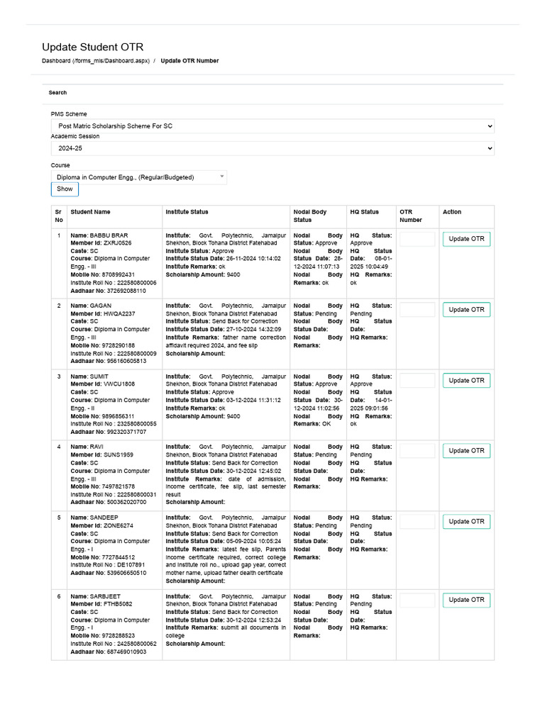 Update OTR for SC Scholarship 2024-25 | PDF | Educational Stages