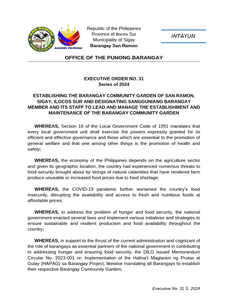 Eo Designating SBM To Manage Barangay Community Garden | PDF | Food ...