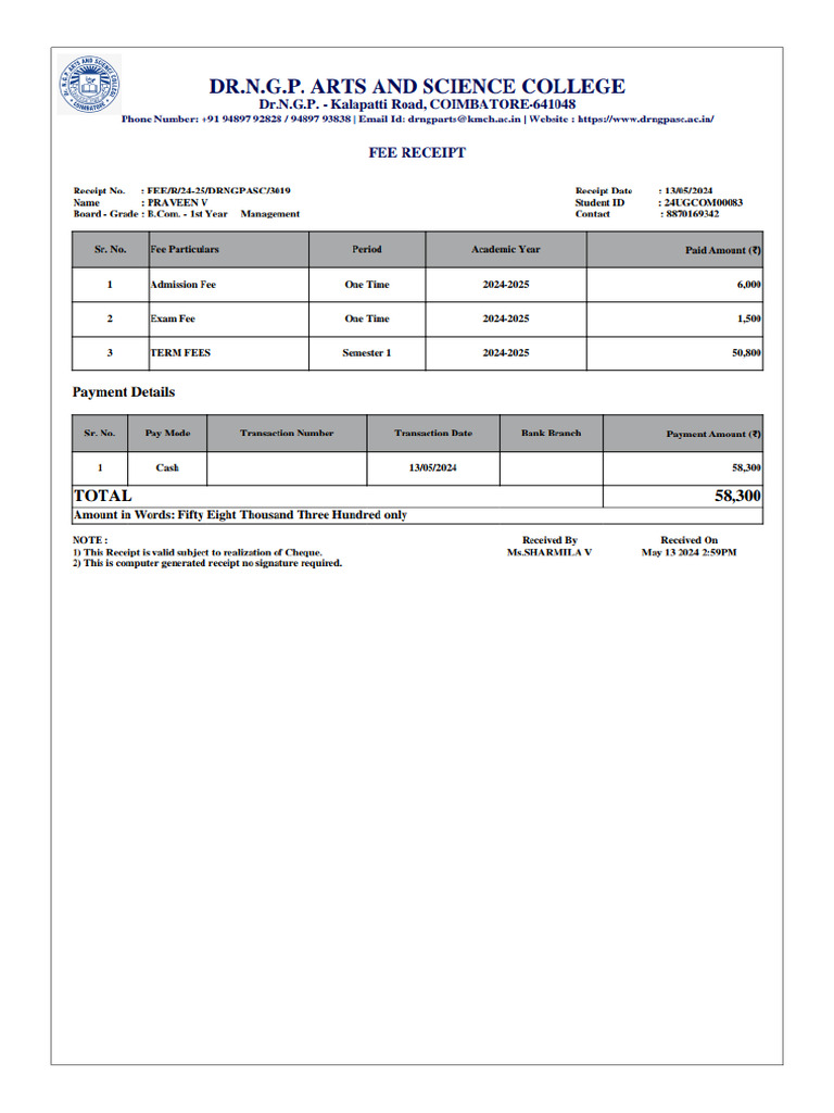 Sem 1 Fees Rec. Studentreceipt-1130 | PDF
