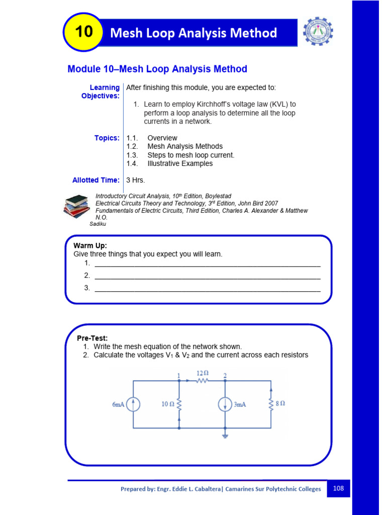Module 10-MESH LOOP (1) | PDF | Electronic Circuits | Electrical Circuits