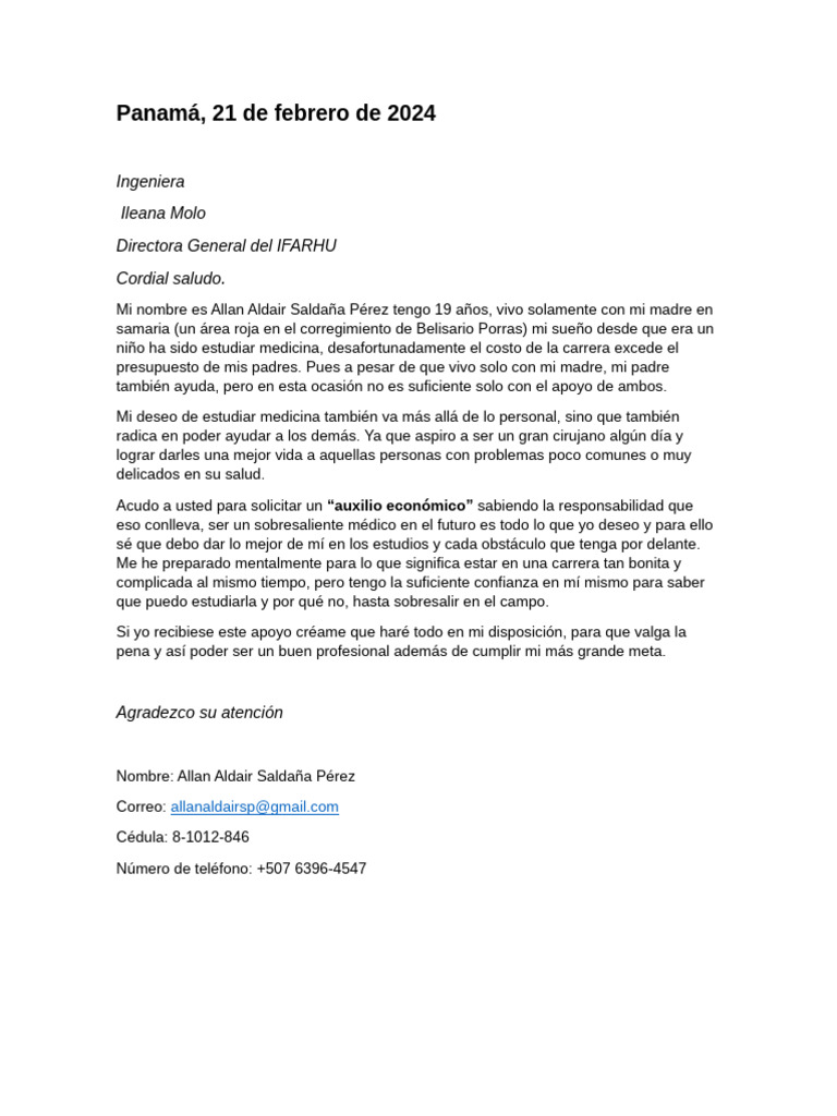 Carta de Auxilio Económico Corregida 2 | PDF