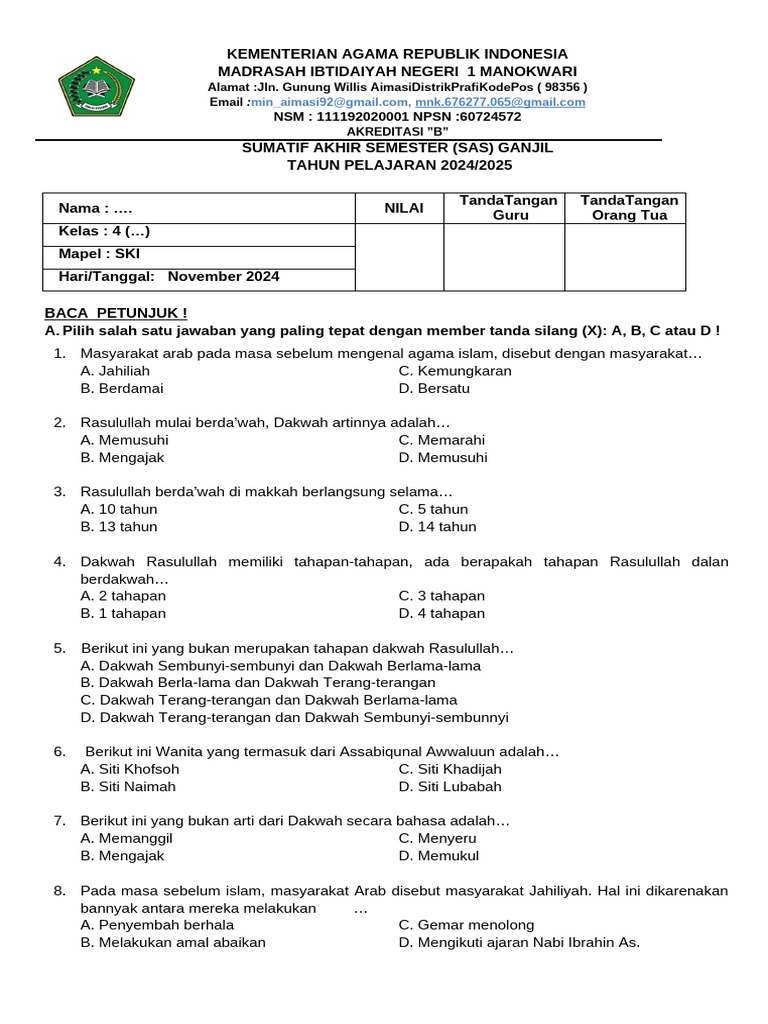 Soal akidah akhlak Asesmen kls 5 | PDF
