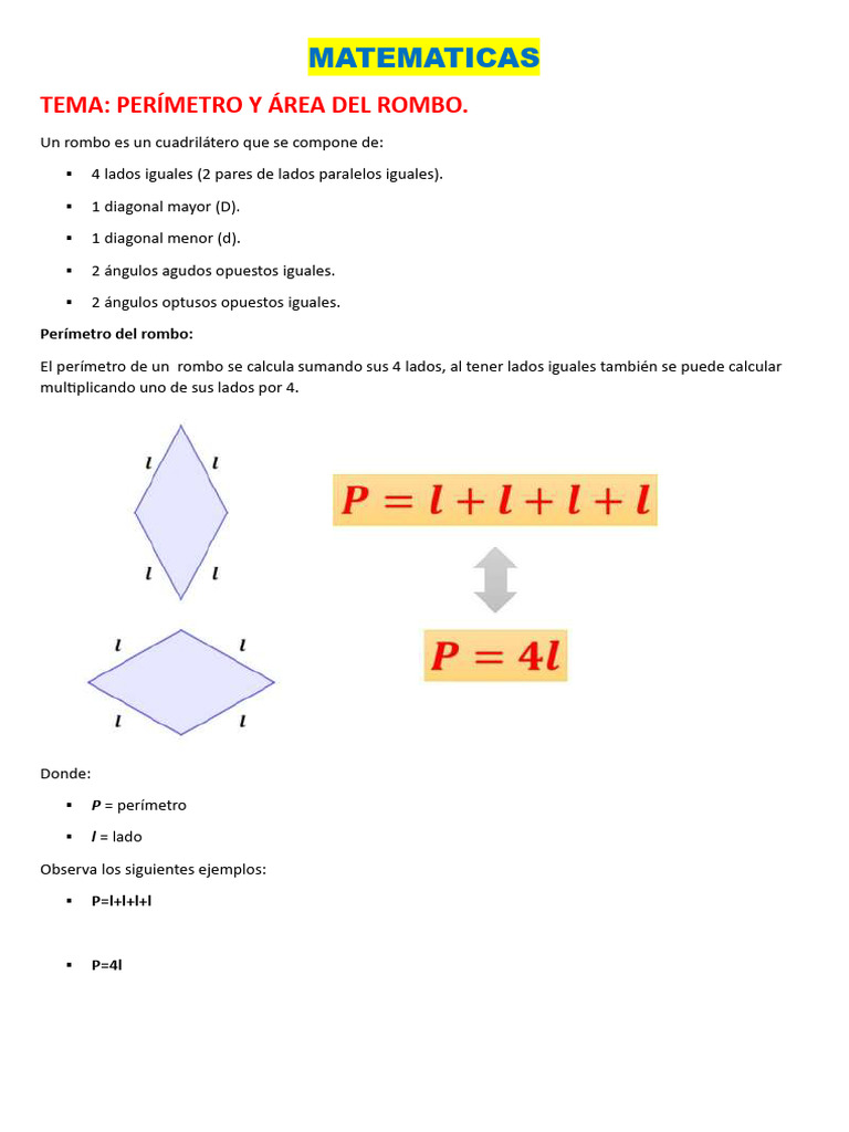 Área y Perímetro del Rombo: Fórmulas y Ejemplos | PDF
