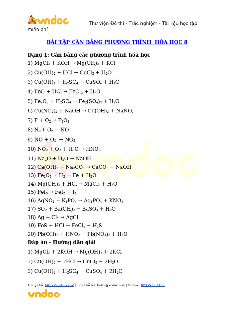 Bai Tap Can Bang Phuong Trinh Hoa Hoc 8 Dap An | PDF