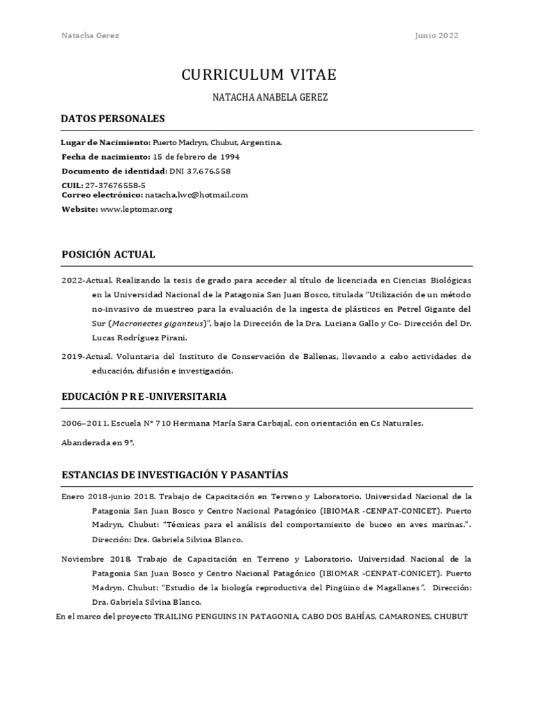 CV Natacha Anabela Gerez | PDF | Ave marina | Aves