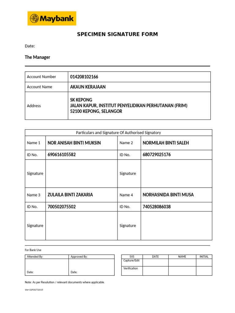 Specimen Signature Form Submission | PDF