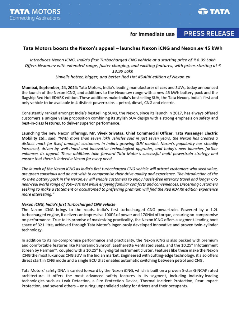 tata-motors-boosts-the-nexons-appeal-launches-nexon-icng-and-nexon-ev-45-kwh | PDF | Electric ...