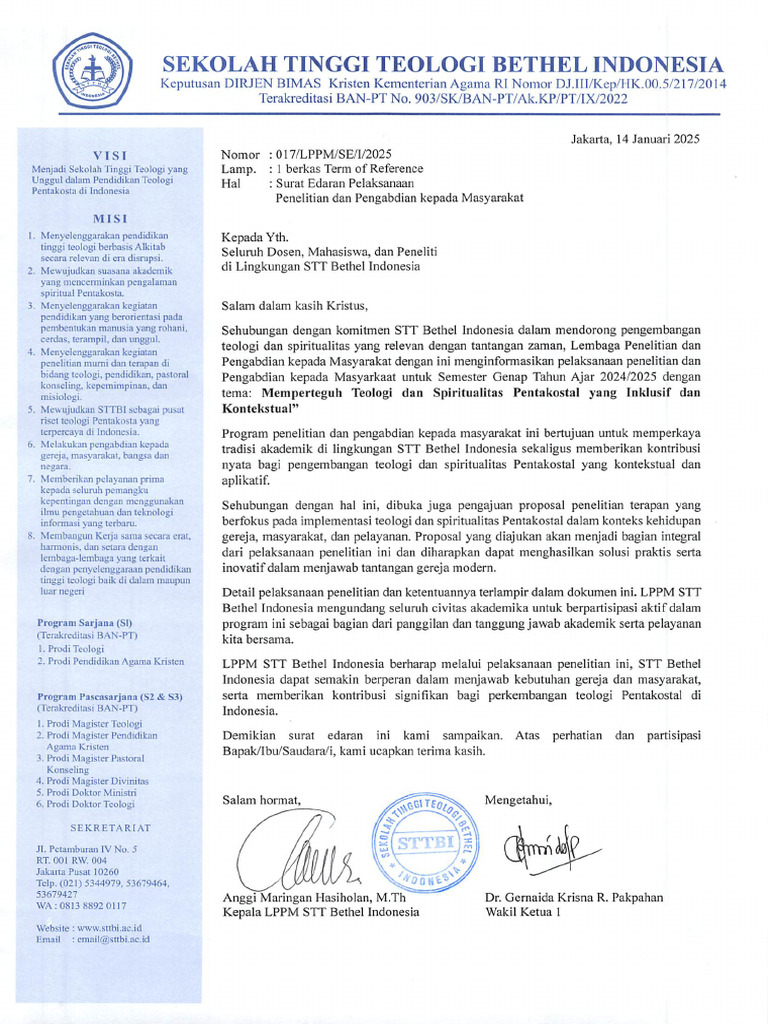 SURAT EDARAN PELAKSANAAN PENELITIAN-PKM SEMESTER GENAP 2024-2025 (1) | PDF