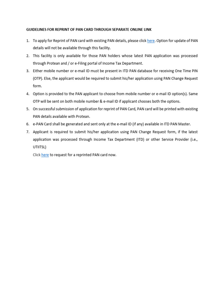 PAN Card Reprint Guidelines Online | PDF
