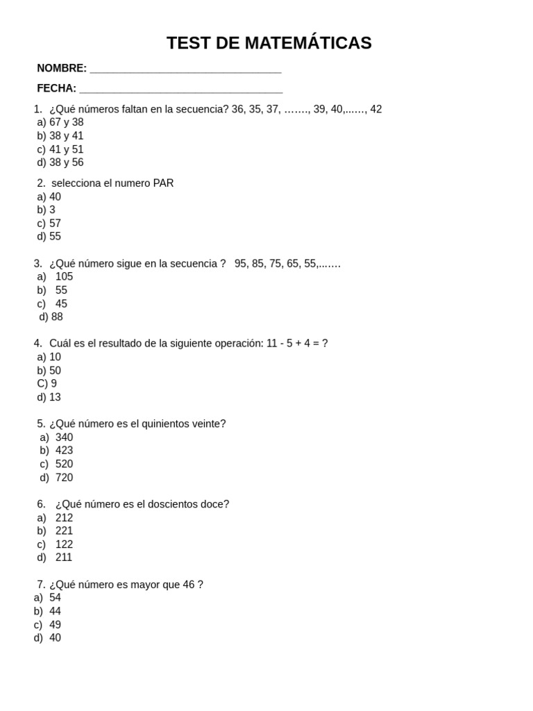 Test Matemáticas Primaria Básico | PDF