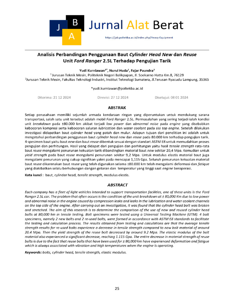 Analisis Perbandingan Penggunaan Baut Cylinder Head New Dan Reuse Unit ...