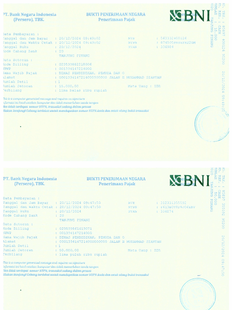 Bukti Setor Pajak Sdn 007 Lingai Besar Tahun 2024 | PDF