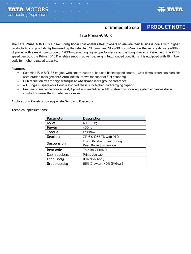 Product Note Tata Prima 4040.K | PDF