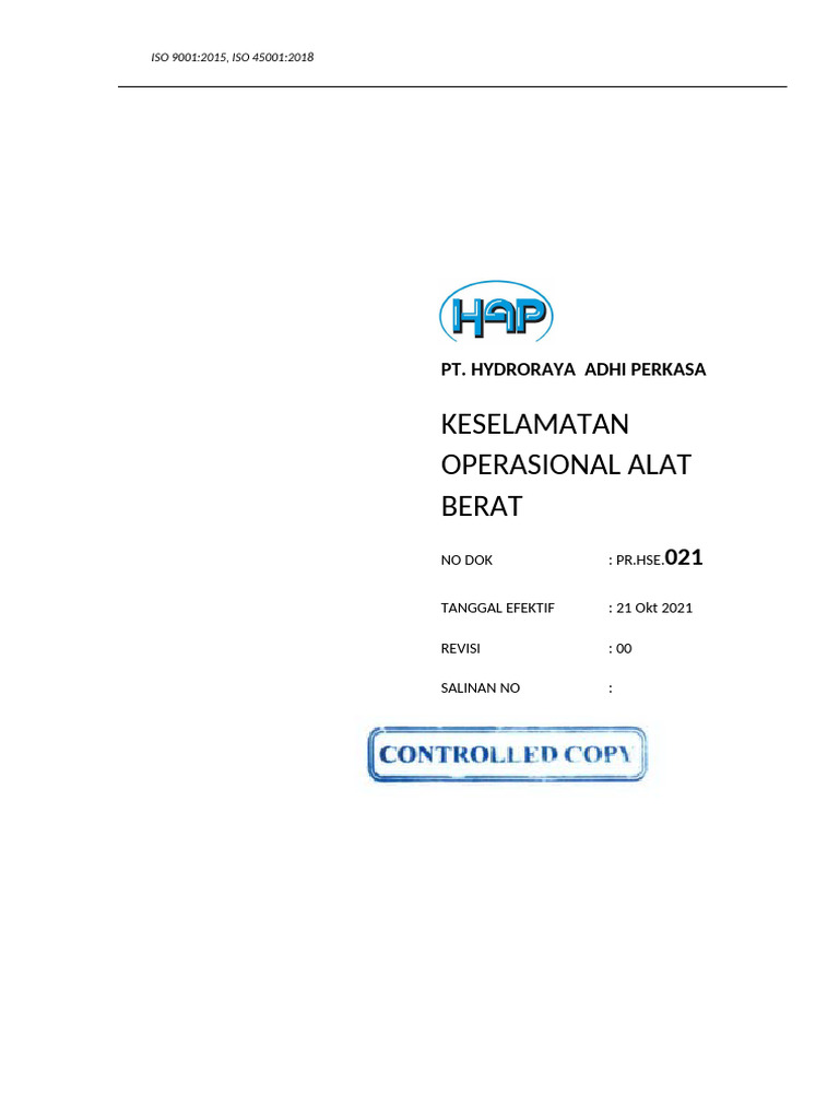 PR - HSE.021 Prosedur Keselamatan Operasional Alat Berat | PDF