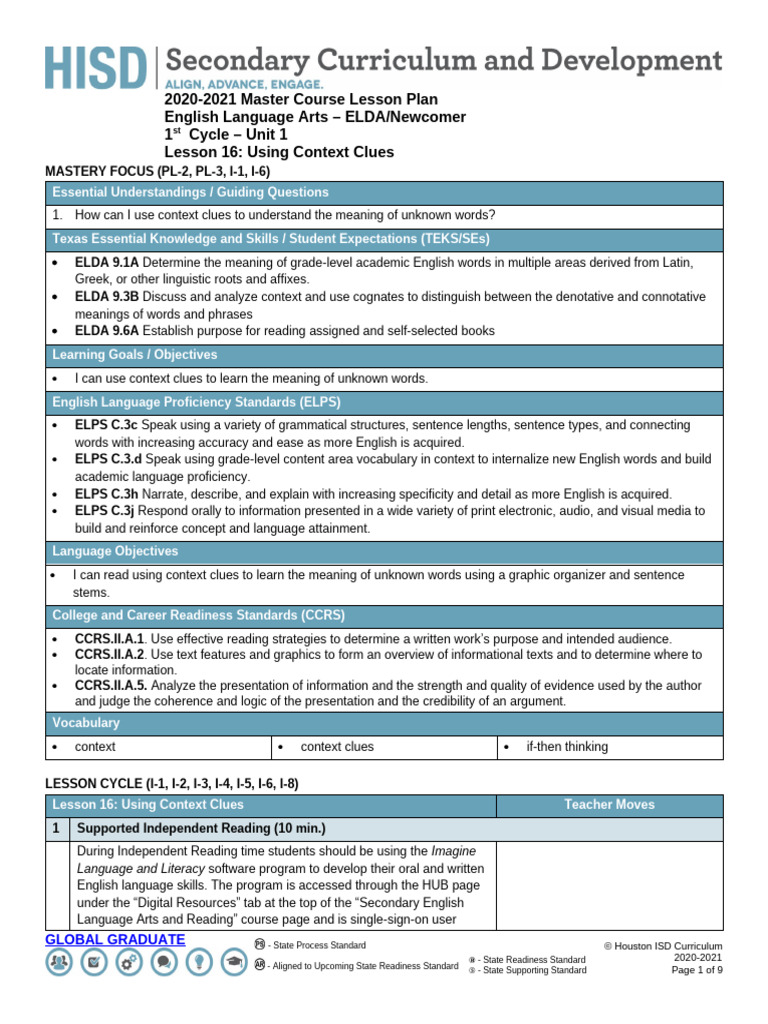 Lesson Outline HS ELDA C1 U1 L16 Using Context Clues | PDF | Literacy | English Language
