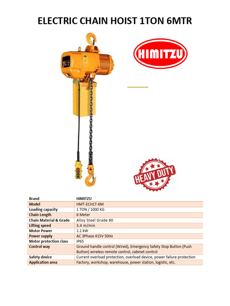 1 Ton Electric Chain Hoist Specs | PDF | Power Supply | Electric Motor