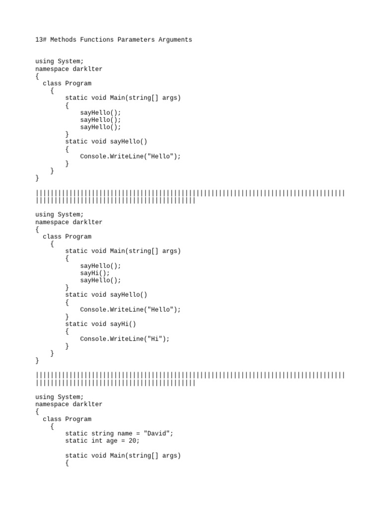 13# Methods Functions Parameters Arguments | PDF | Parameter (Computer Programming) | Namespace