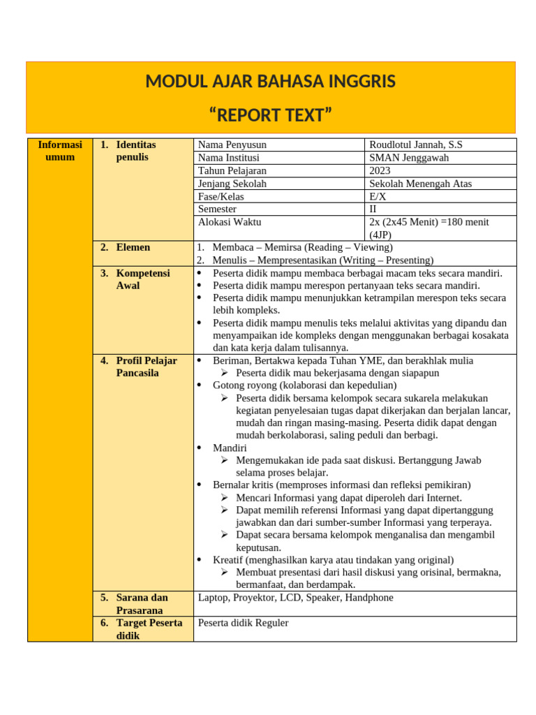Modul Ajar Report Text Kelas X | PDF