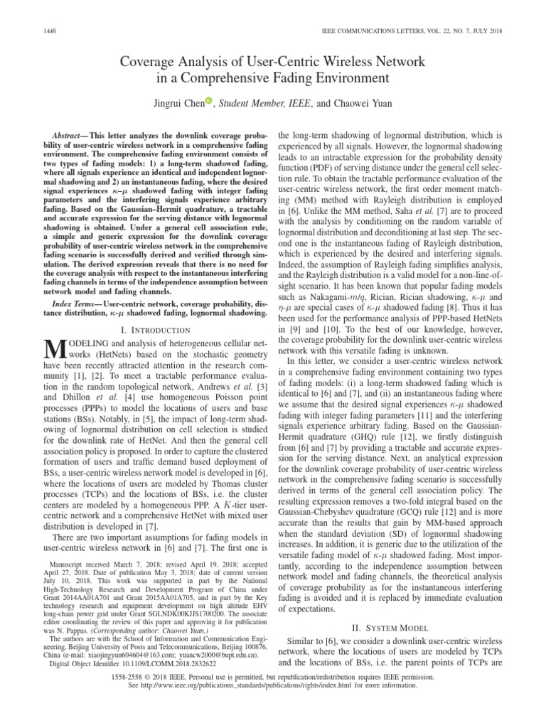 Coverage Analysis of User-Centric Wireless Network in A Comprehensive Fading Environment | PDF ...