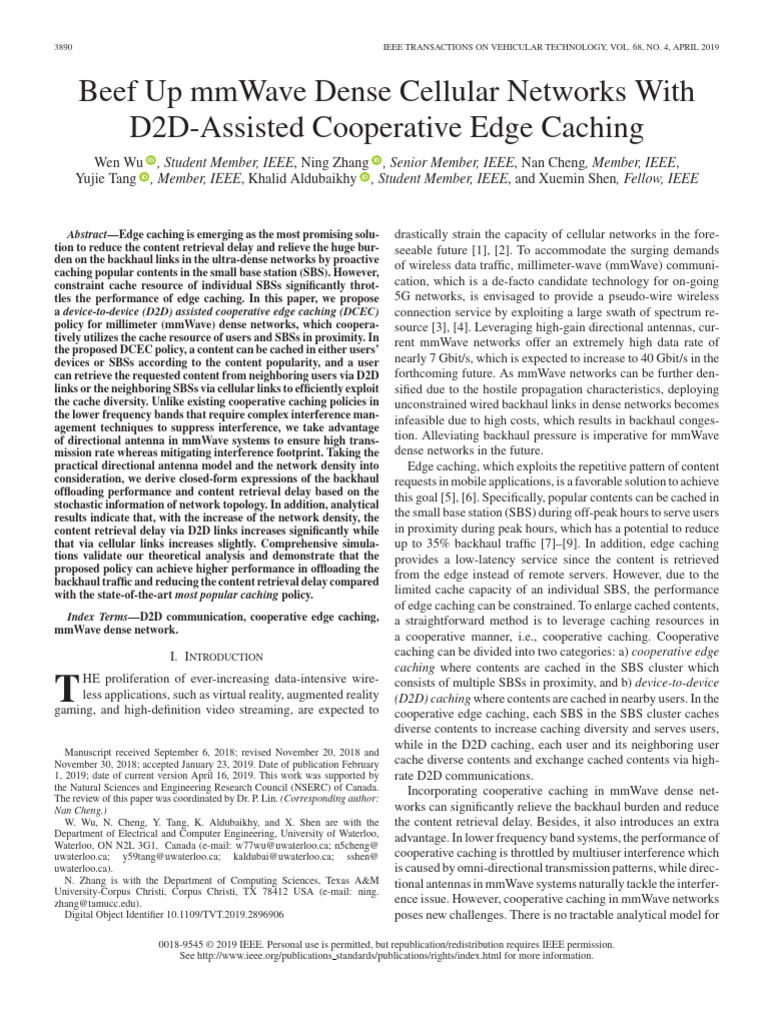 D2D Cooperative Edge Caching in mmWave | PDF | Cache (Computing ...