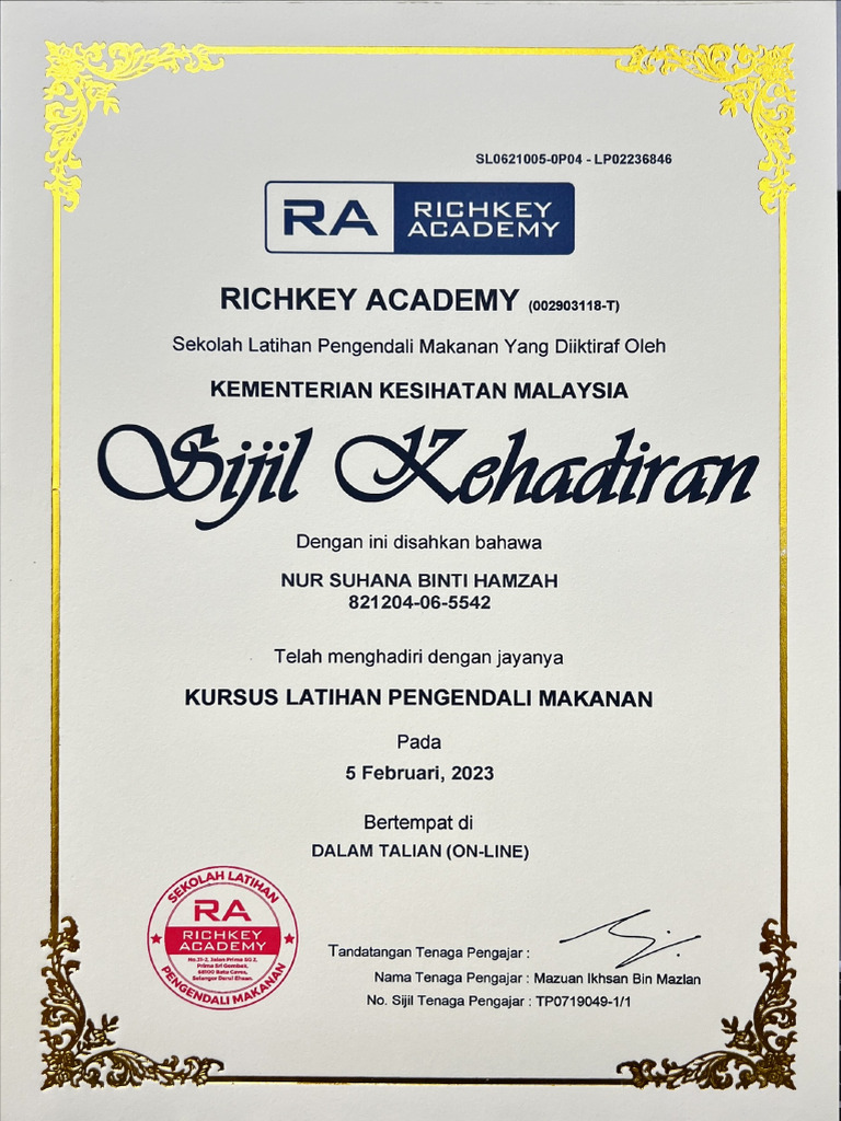 Sijil Pengendalian Makanan | PDF