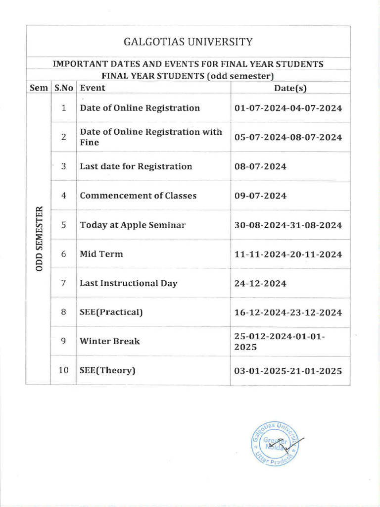 Academic Calendar Final Year | PDF