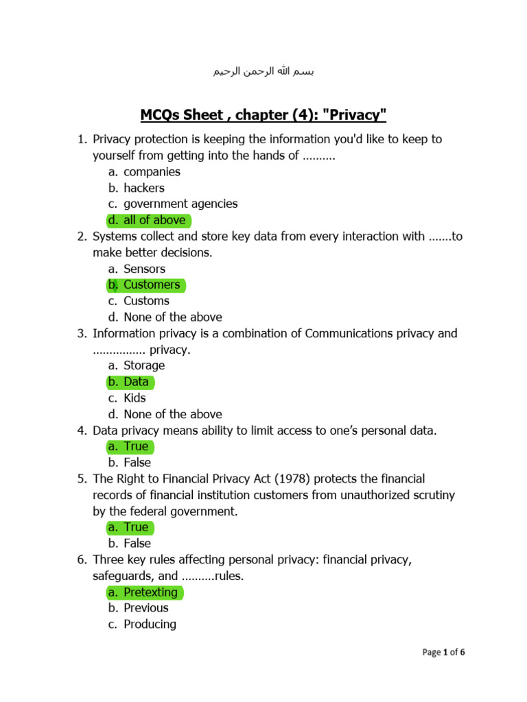 MCQ Sheet Ethics Chapter4 Updated 2024 | PDF | Privacy | Http Cookie