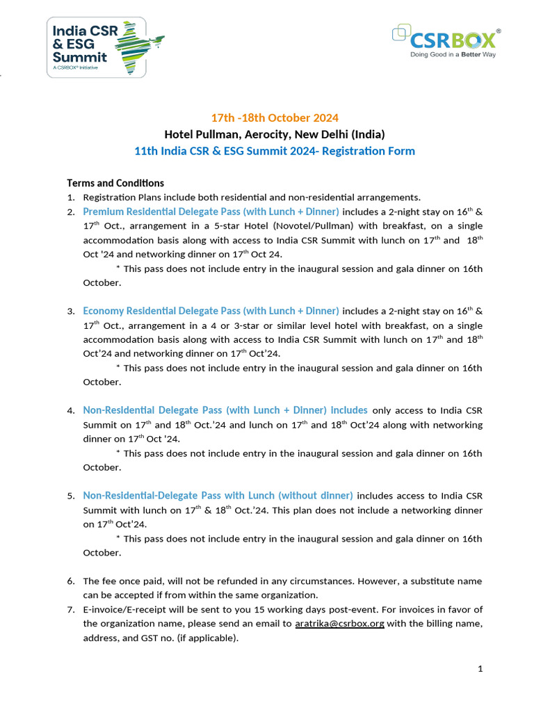 India CSR & ESG Summit 2024 Registration | PDF | Money | Payments