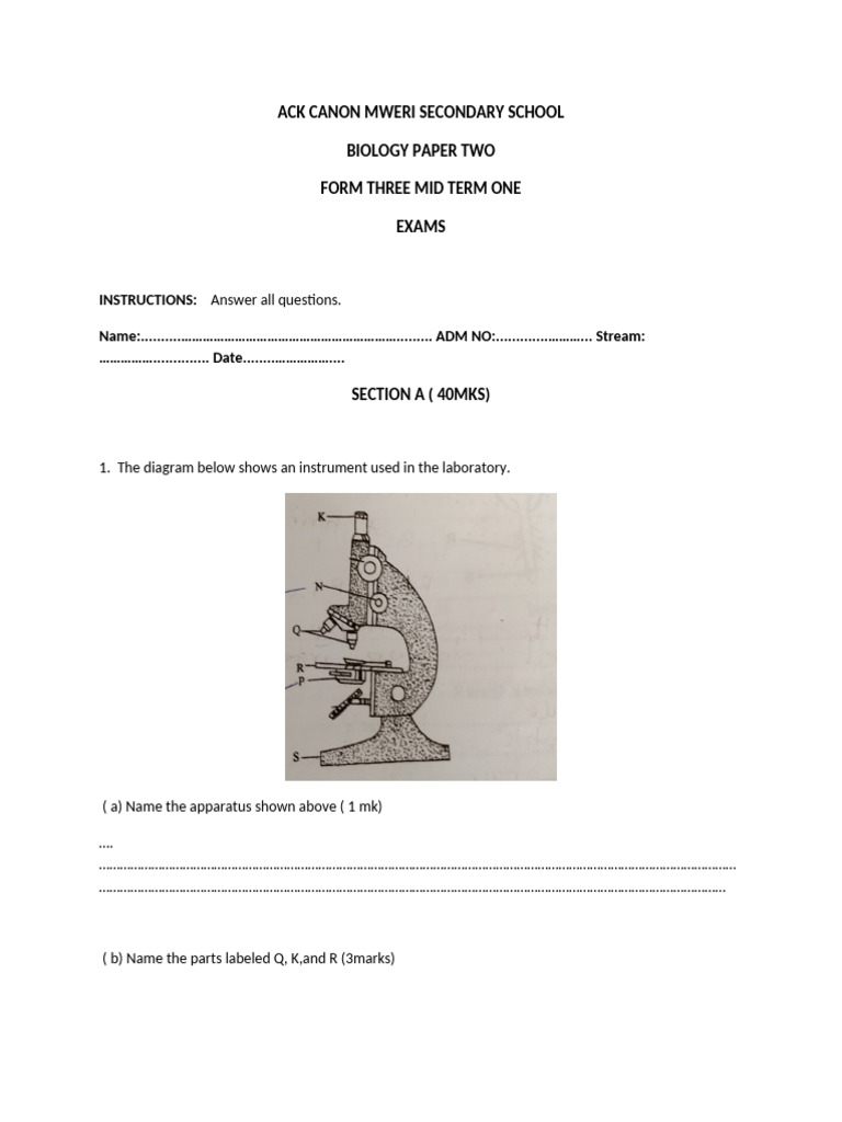 Form Three Biology Paper Two | PDF | Artery | Vein