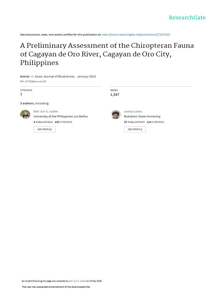 A Preliminary Assessment of The Chiropteran Fauna of The Oro River ...