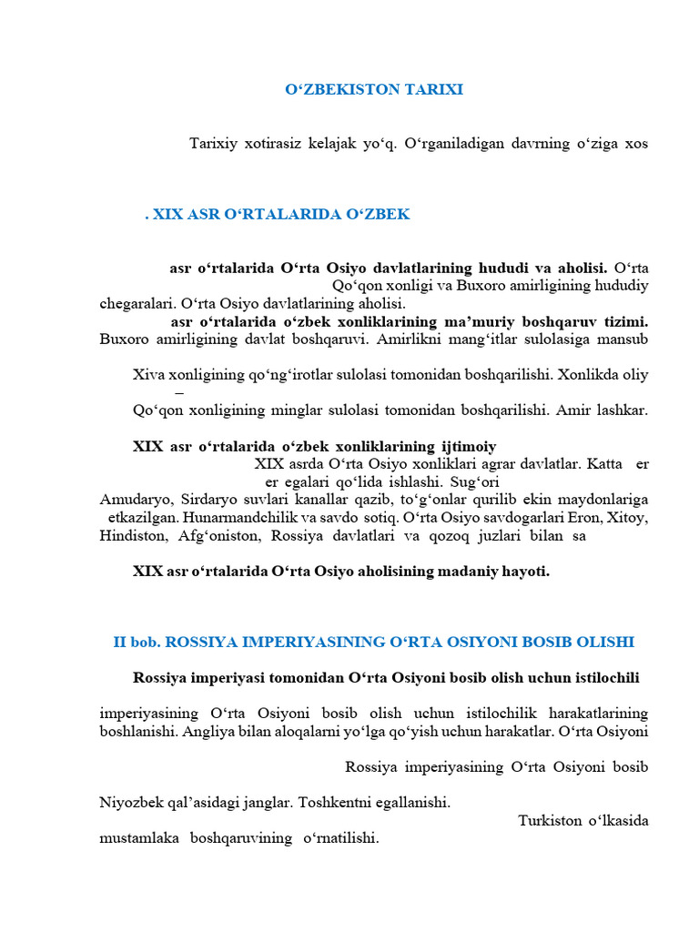 9-Sinf-O'Zbekiston Tarixi Fanidan o'Quv Dastur | PDF