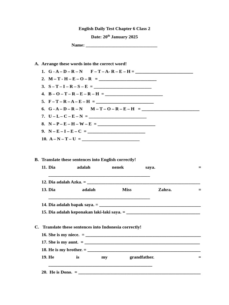 English Daily Test Class 2 Chapter 6 | PDF