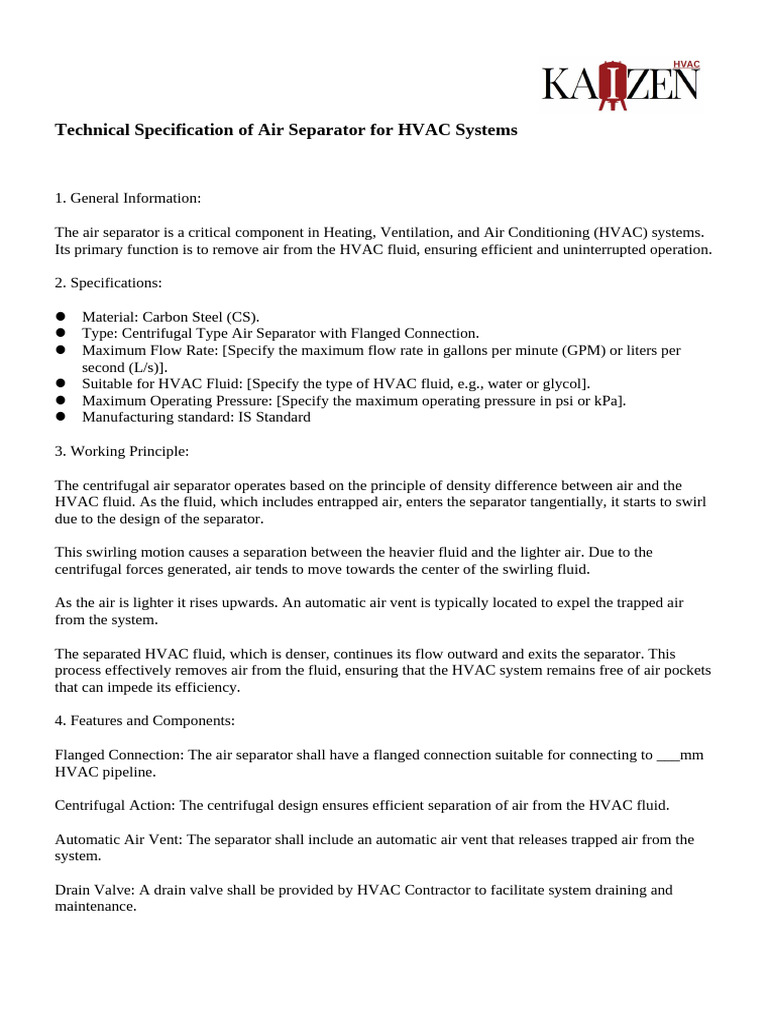 Technical Specification of Air Separator For HVAC-KZN | PDF ...