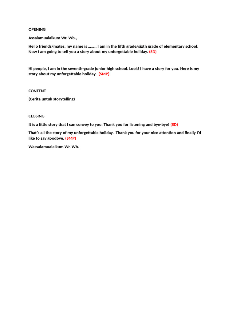 Story Telling - The Unforgetable Holiday | PDF