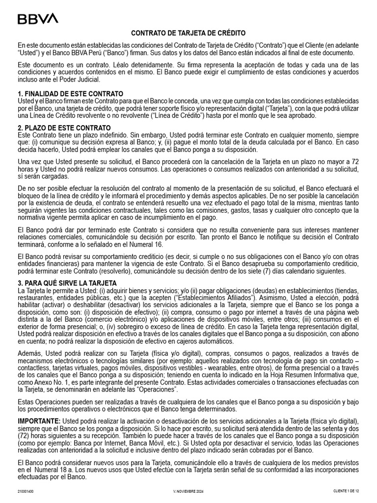 Contrato Tarjetas Credito Bbva | PDF | Bancos | Pagos