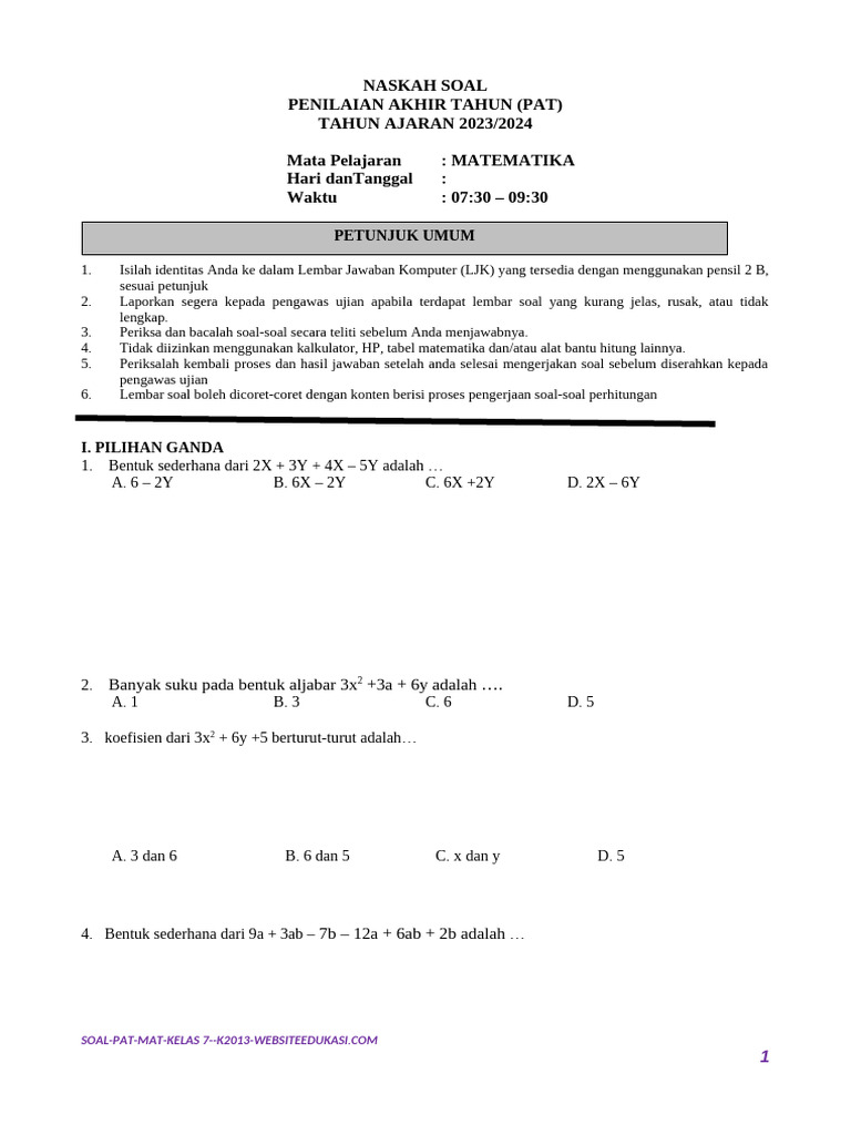 Soal PAS MTK KLS 7 2024 | PDF