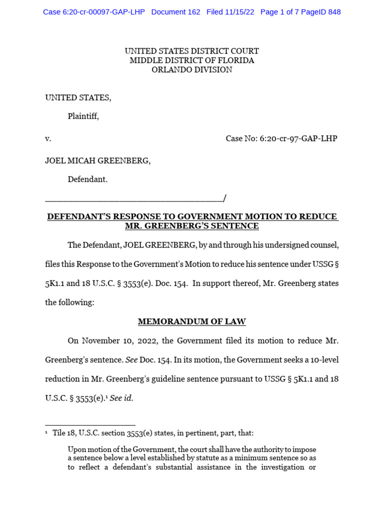 US v. Joel Micah Greenberg (Matt Gaetz) - Defendant's Response to ...
