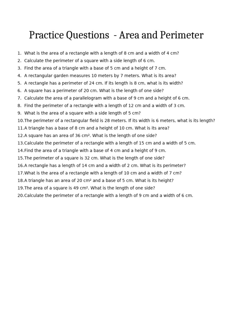 Practice Questions - Area and Perimeter | PDF